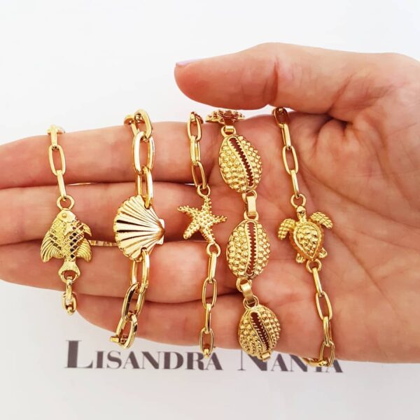 Conjunto Dourado 5 Pulseiras Tema do Mar - Lisandra Nanya